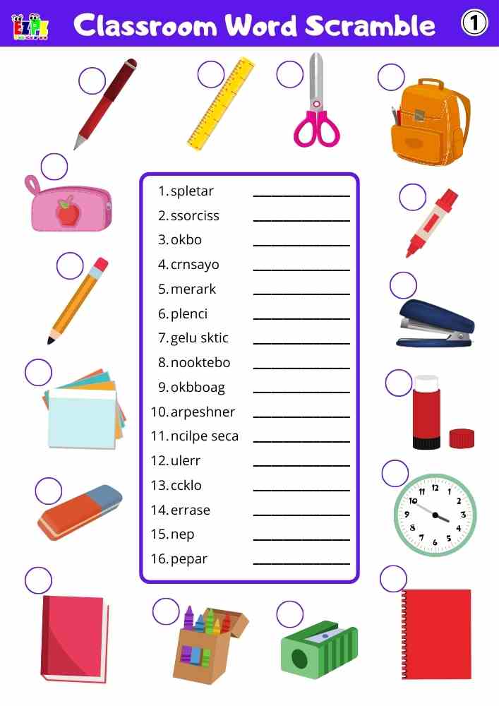 Classroom Objects Word Scramble Worksheet – Unscramble the Words Set 1 - Ezpzlearn.com